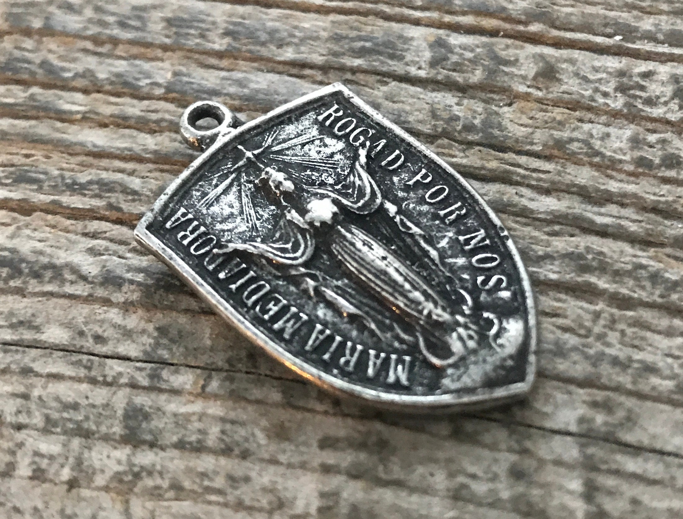 Virgin Mary Medal, Cross Pendant, Crucifix Shield, Antiqued Oxidized ...