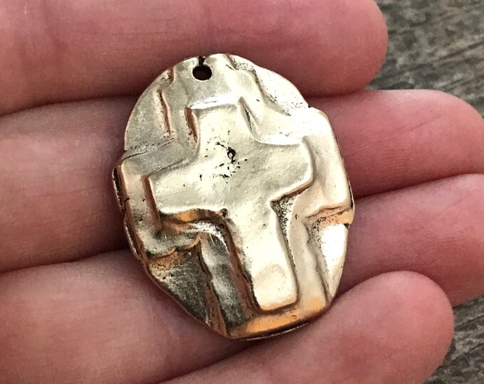 Hammered Artisan Oval Cross Pendant Gold Cross Leather - Etsy