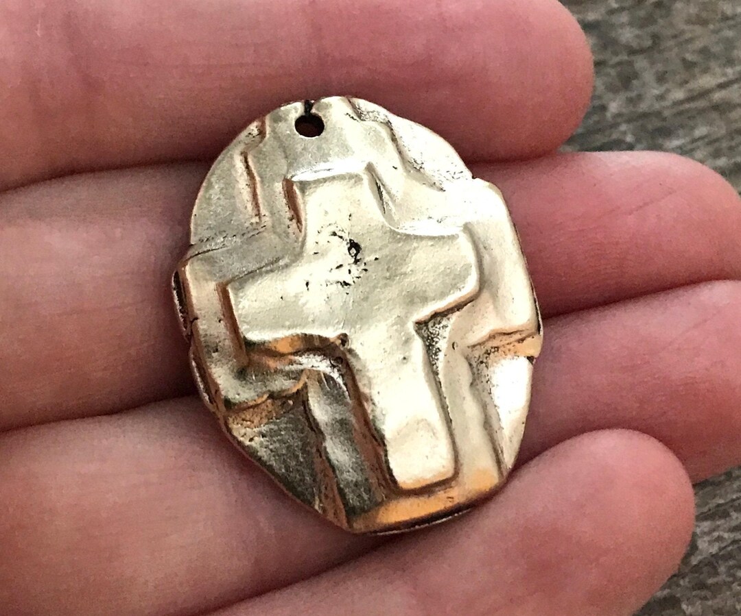 Hammered Artisan Oval Cross Pendant, Gold Cross, Leather Pendant ...
