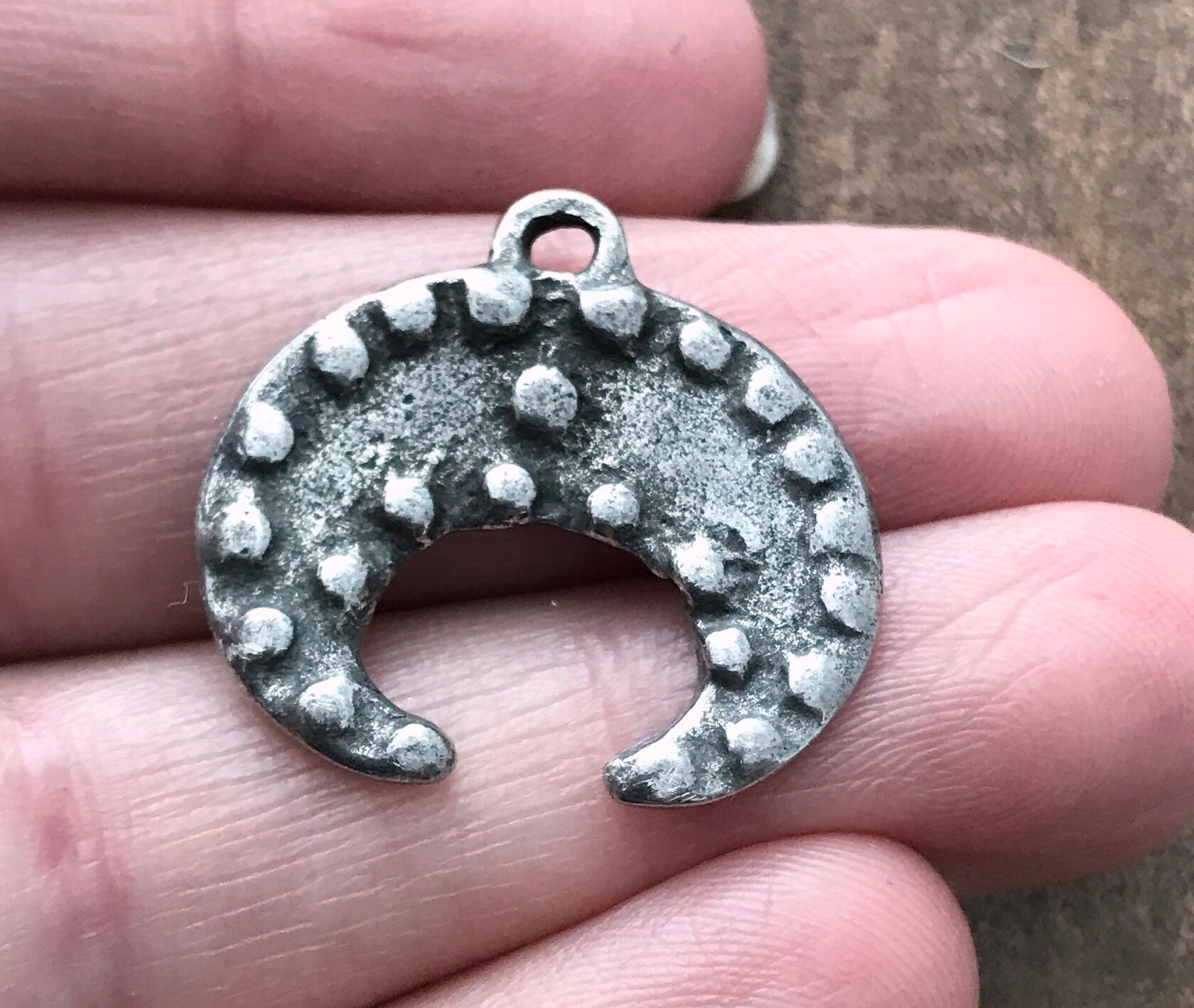 Bumpy Crescent Pendant Antiqued Silver Dotted Moon Artisan - Etsy