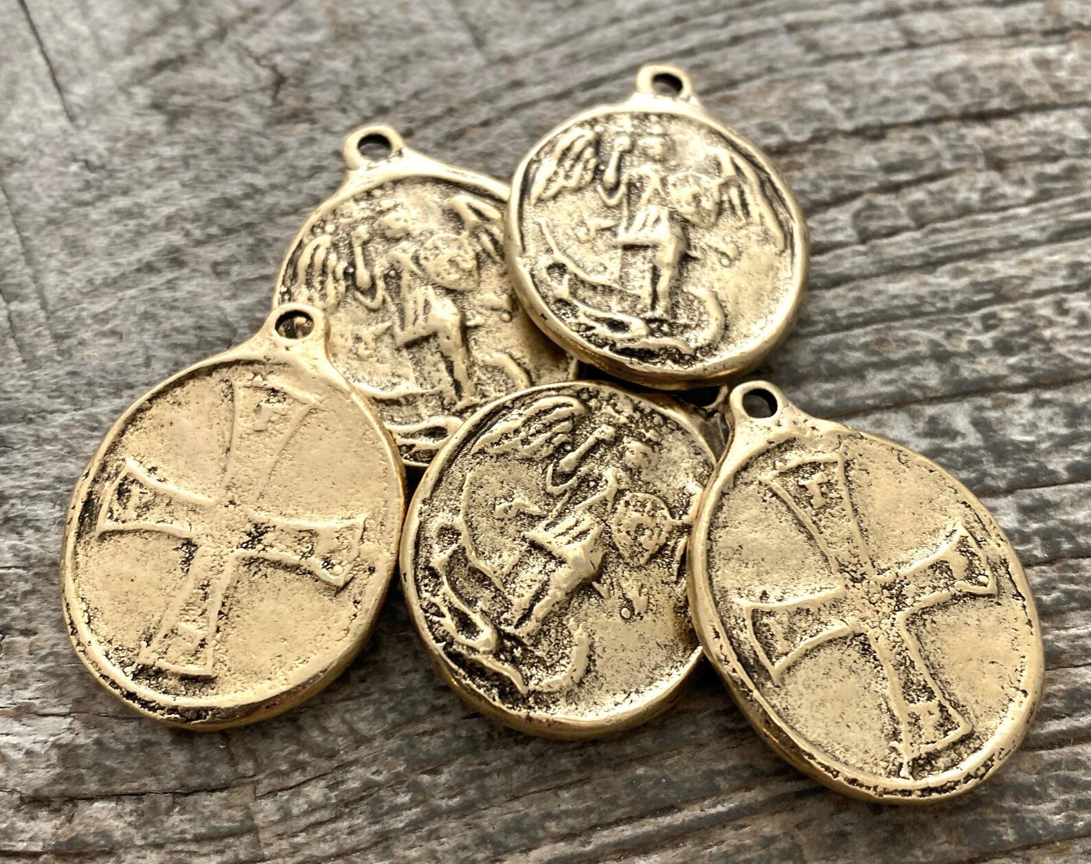 Archangel St. Michael, Catholic Medal, Antiqued Gold Cross Pendant ...
