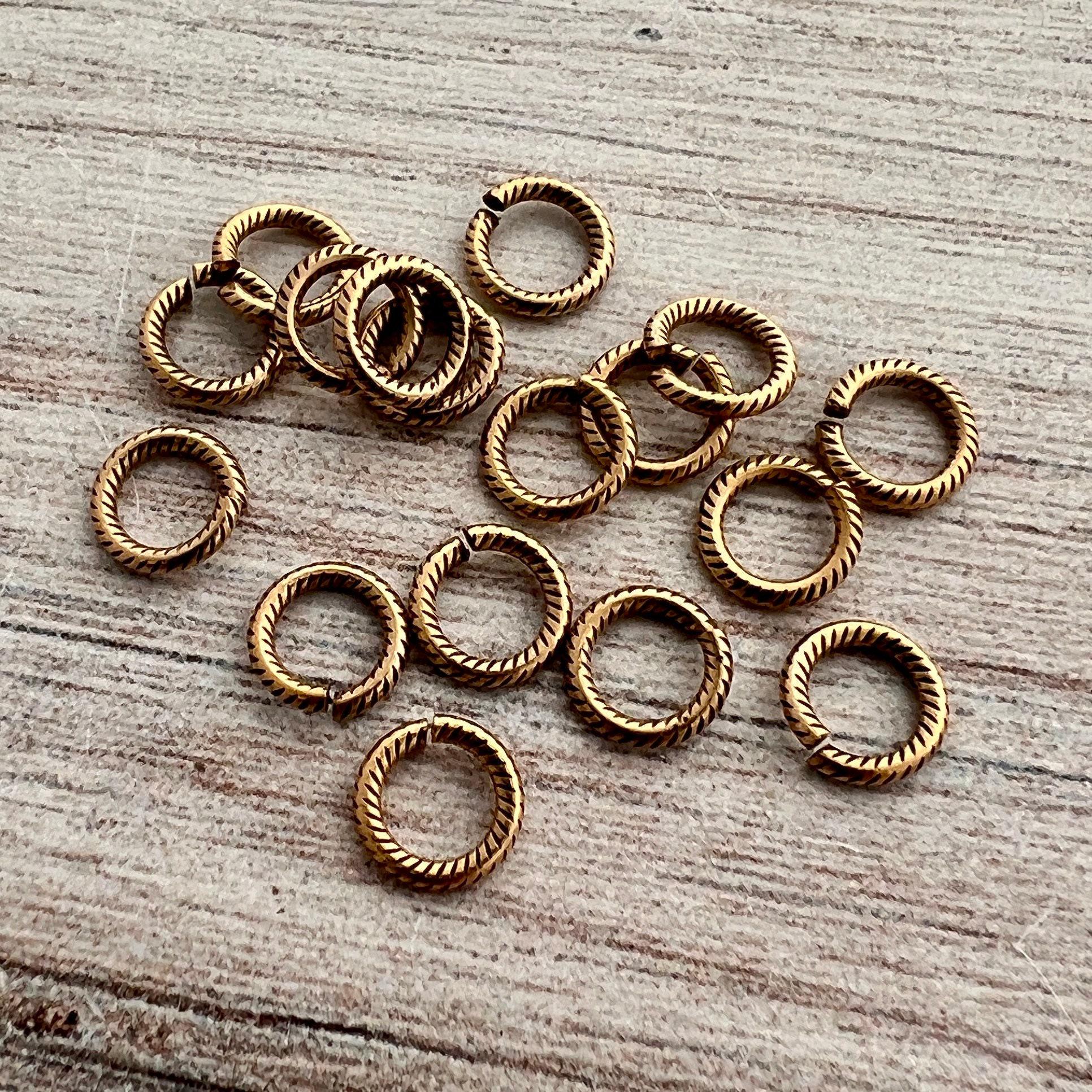 7mm Textured Antiqued Gold Jump Rings, Brass Round Connector Links, 20 ...