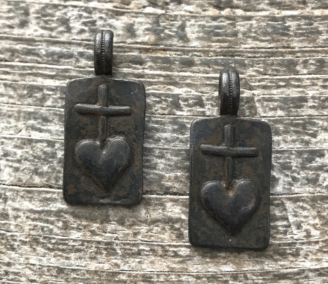 2 Heart Cross Rectangle Charm Antiqued Rustic Brown Heart - Etsy