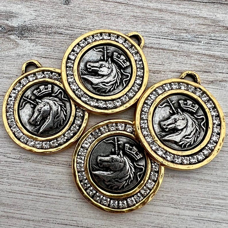Unique Mixed Metal Unicorn Coin, Gold and Silver Rhinestone Pendant ...