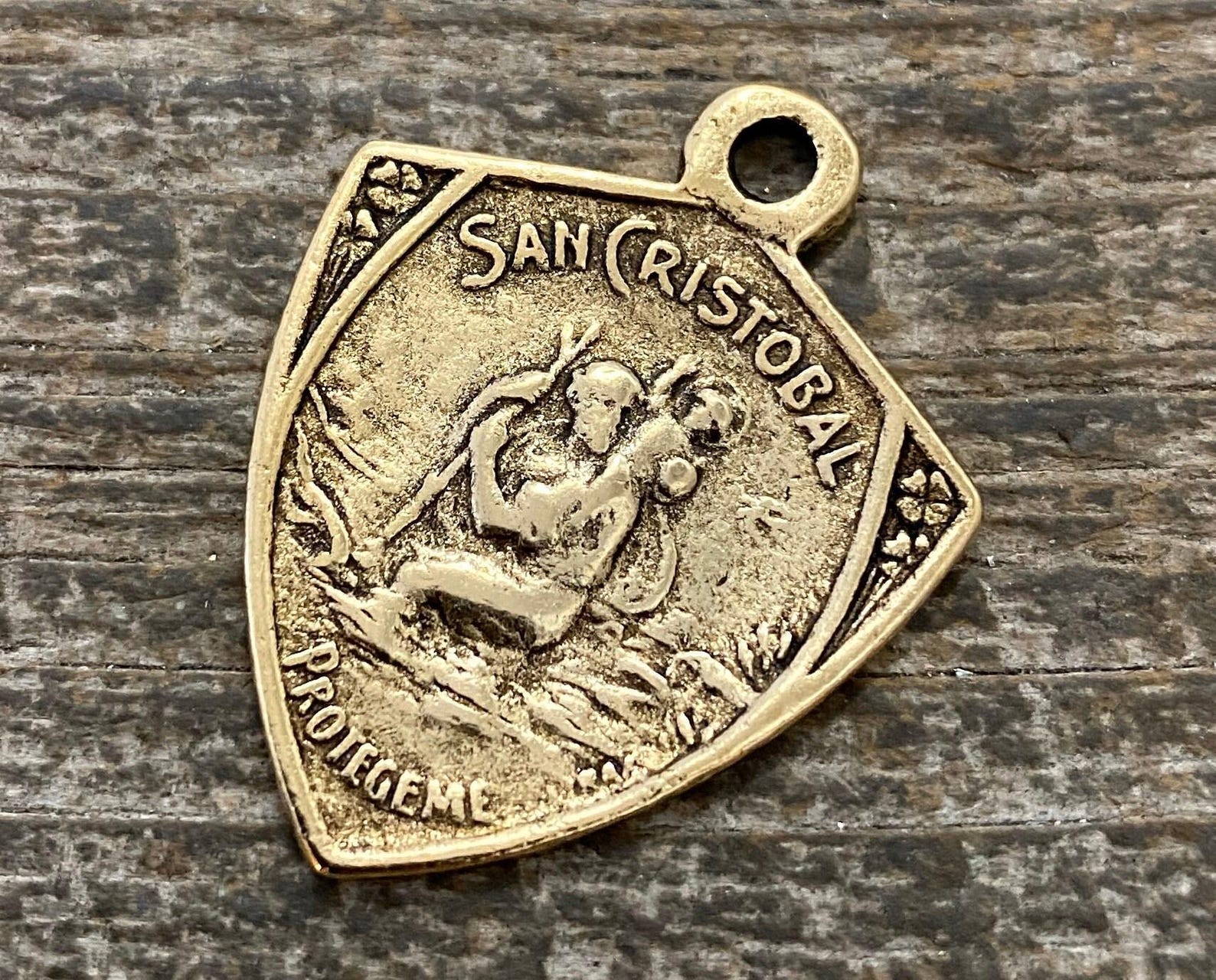 St. Christopher, Catholic Medal, Antiqued Gold Pendant, Triangle ...
