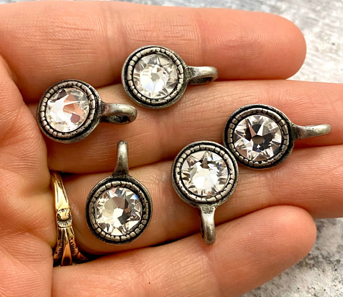 Large Swarovski Crystal Clear Charm Antiqued Silver Pendant - Etsy