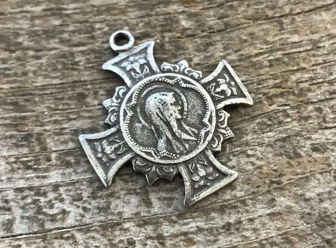 Mary Cross, Cross Pendant, Blessed Mother Silver Cross, Rosary Parts ...