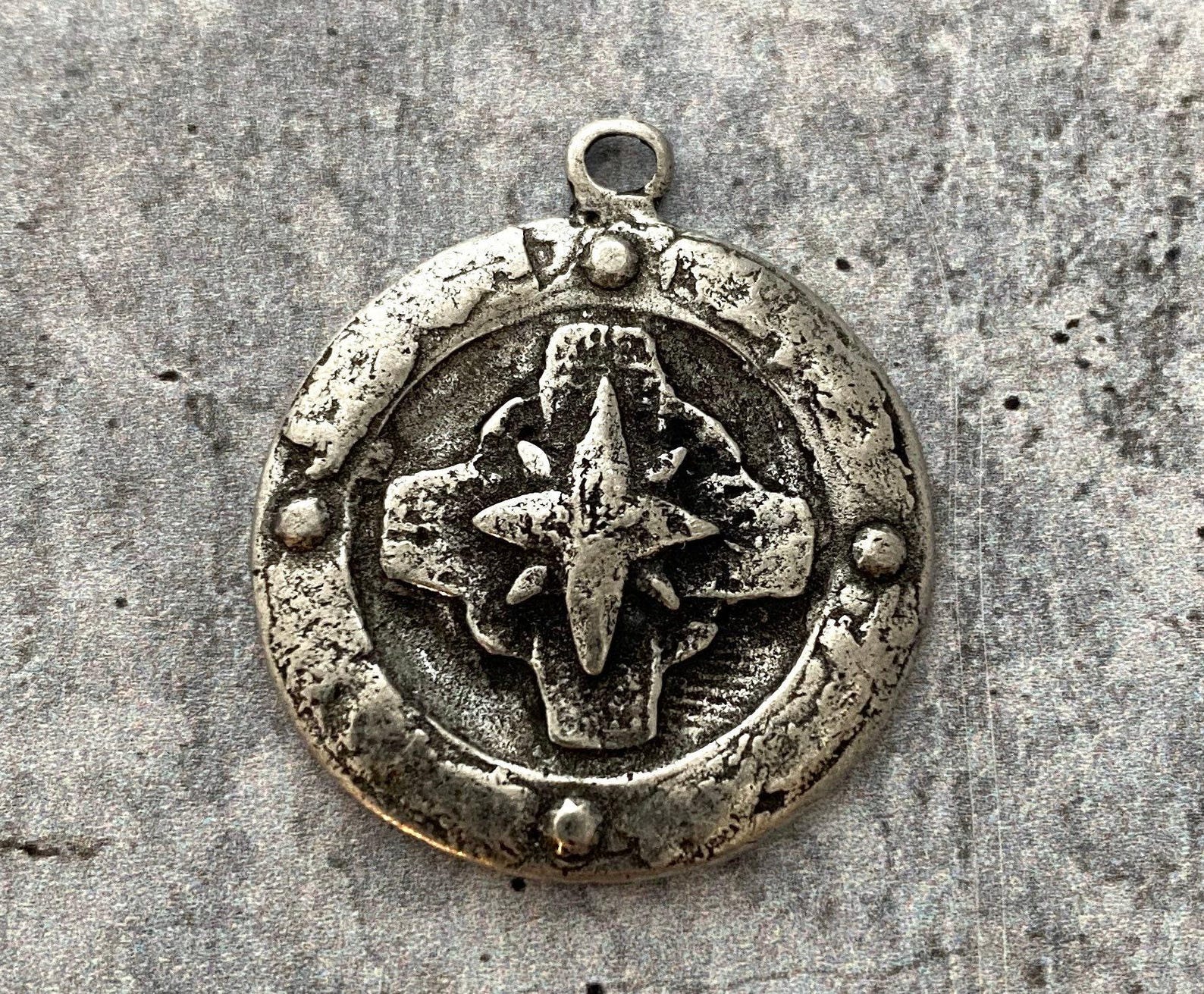 Compass Rose Cross Pendant, Antiqued Silver Pendant, Old World, Jewelry ...