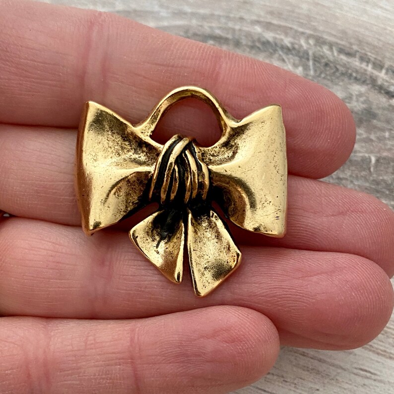 Large Bow Pendant Bracelet Charm Antiqued Gold Jewelry - Etsy