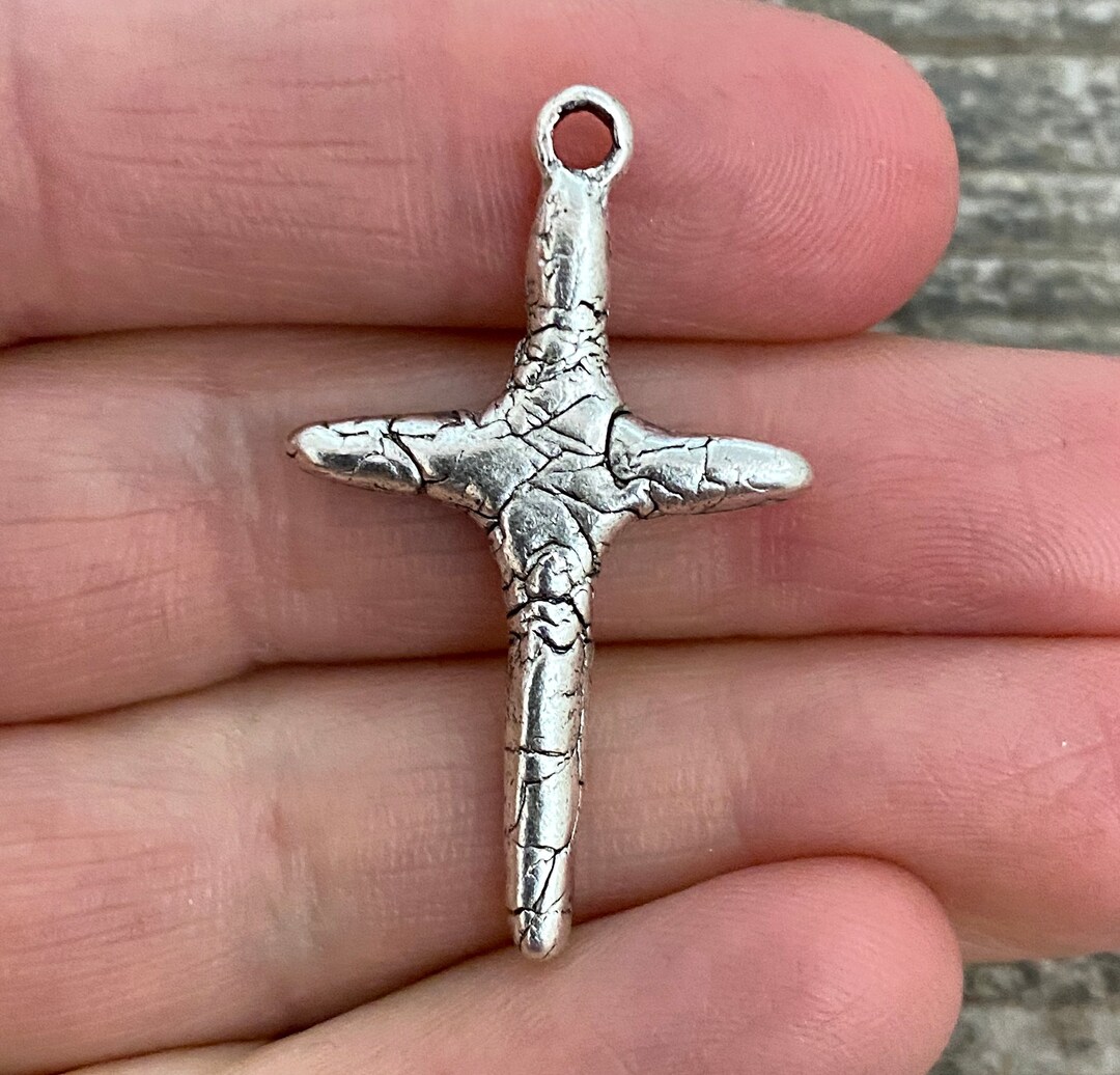 Skinny Crackled Stick Cross Pendant, Distressed Charm, Antiqued Silver ...