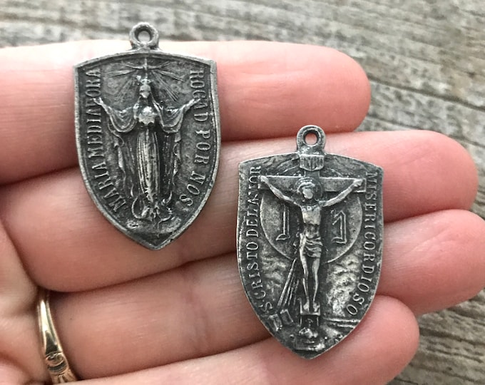 Virgin Mary Medal, Cross Pendant, Crucifix Shield, Antiqued Oxidized ...