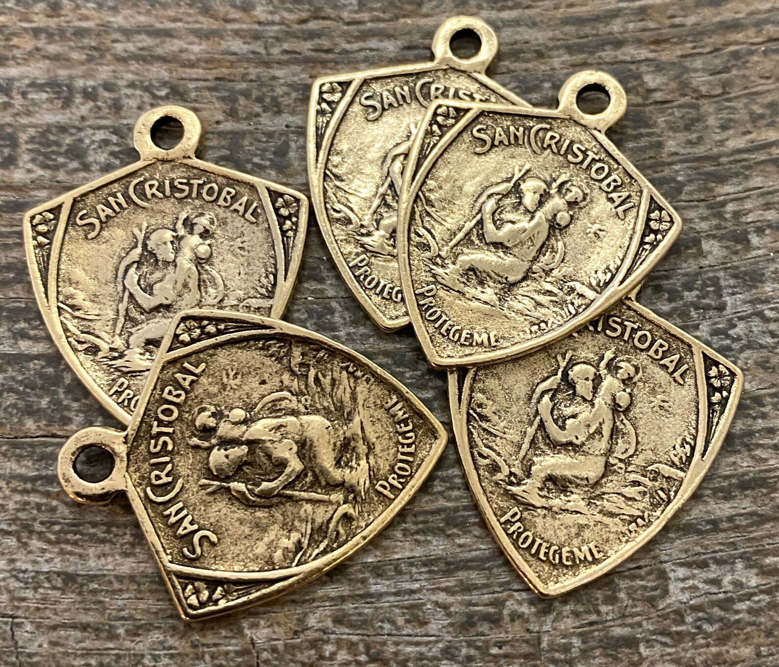 St. Christopher, Catholic Medal, Antiqued Gold Pendant, Triangle ...