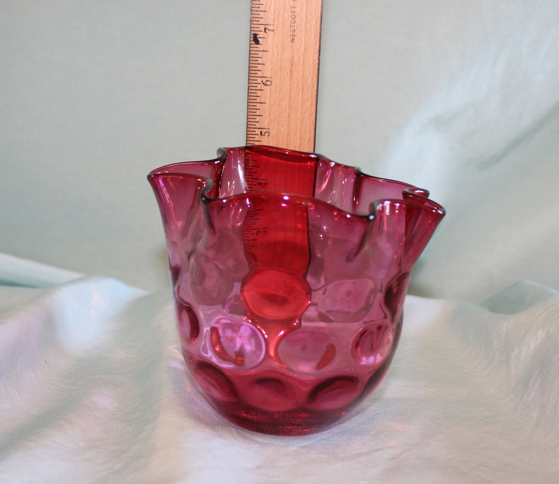Fenton's Vintage Art Glass Ruffled Cranberry Coin Dot Optics Vase 4 1/2 ...