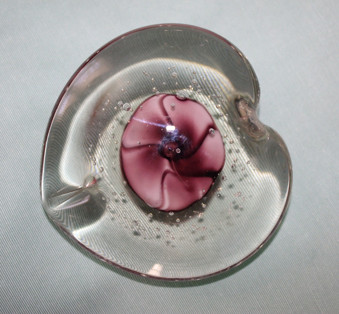Vintage Glass Heart With Purple Pansy Paperweight Hand Blown - Etsy