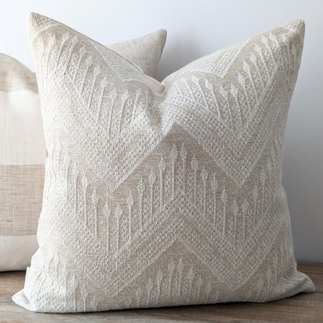 Neutral Beige White Pillow Cover, Textured Embroidered Throw Pillow ...