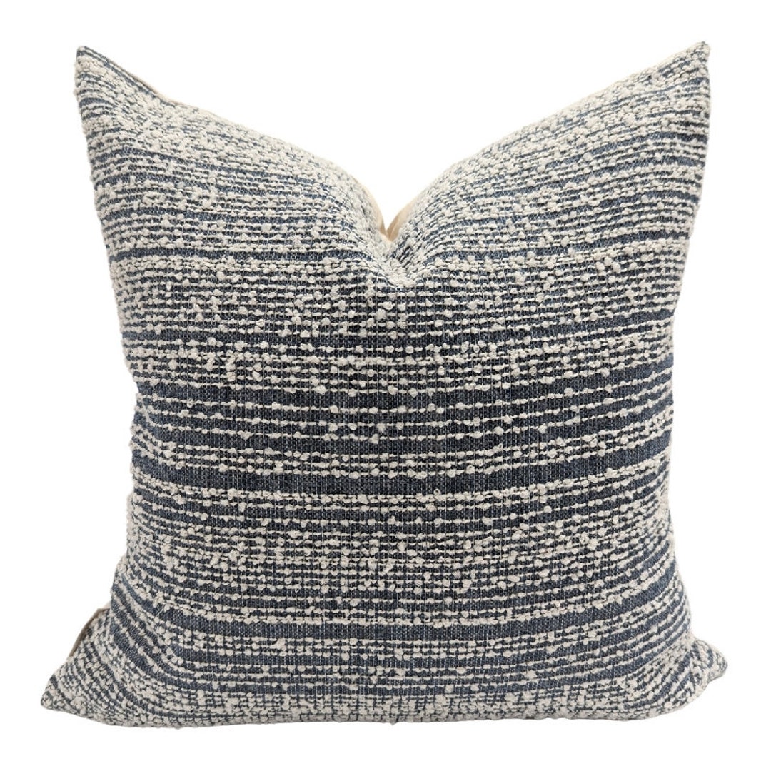 Blue Boho Pillow, Woven Blue and Beige Pillow, Coastal Bouclé Textured ...