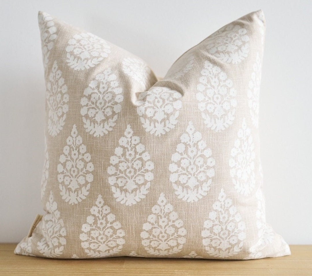 Beige Floral Pillow, Neutral Throw Pillow Cover, Floral Block Print ...