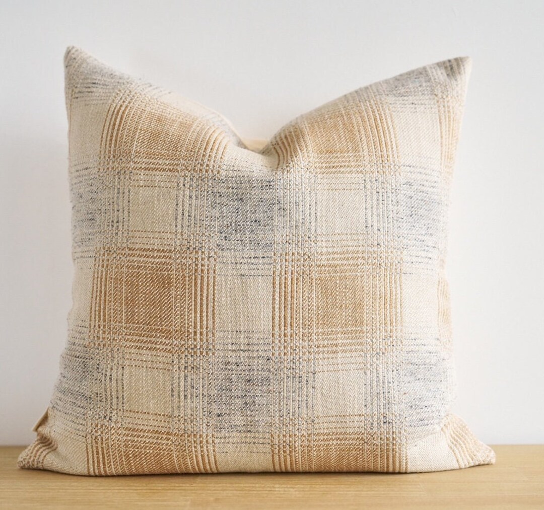 Plaid Pillow, Beige, Blue, Tan Check Pillow Cover, Earthy Neutral Throw ...
