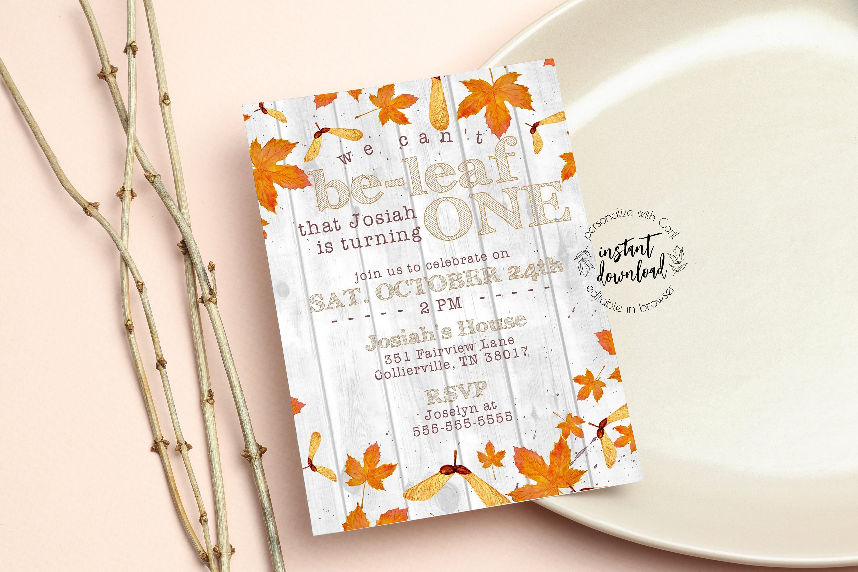 Fall, Autumn Birthday Party Invitation DIGITAL DOWNLOAD Printable ...