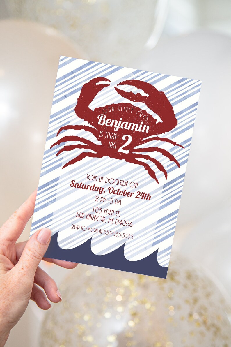 Nautical Crab Birthday Party Invitation DIGITAL DOWNLOAD - Etsy