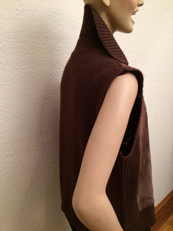 80's Vintage Brown Suede and Knit Vest with Floral Em… - Gem