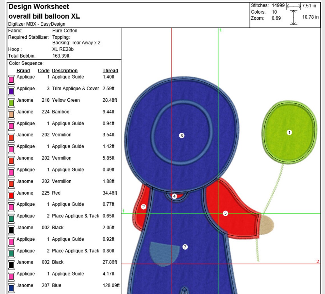 Sam Overall Bill Balloon Machine Embroidery Applique Design,4 Sizes,8 ...