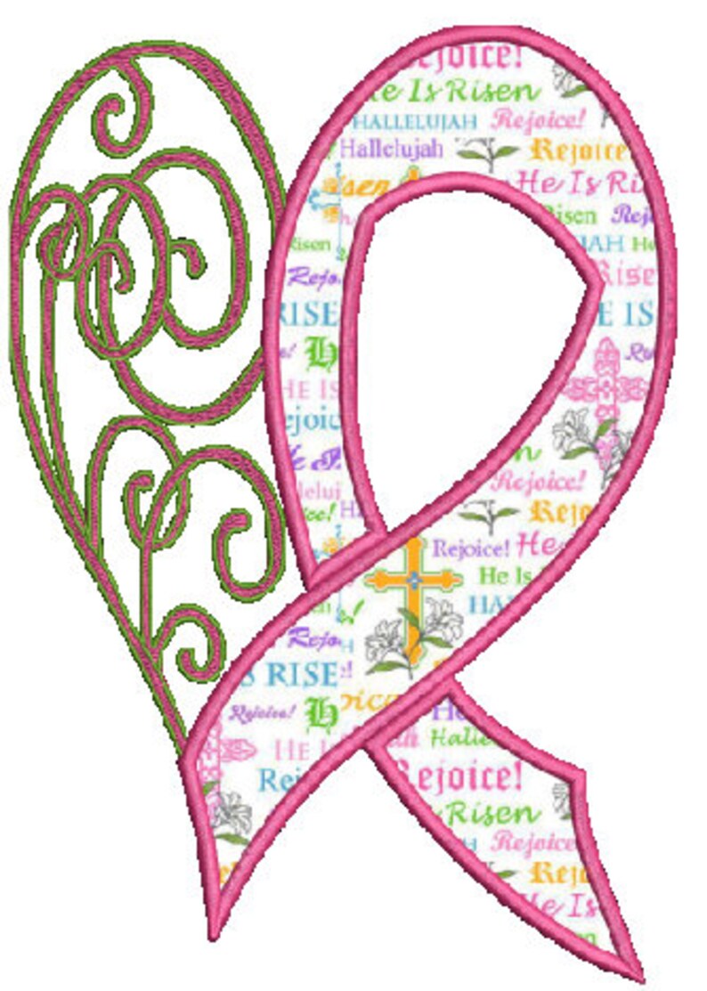 2 Heart Ribbon Cancer Designs Motif and Applique 4 Sizes 8 | Etsy