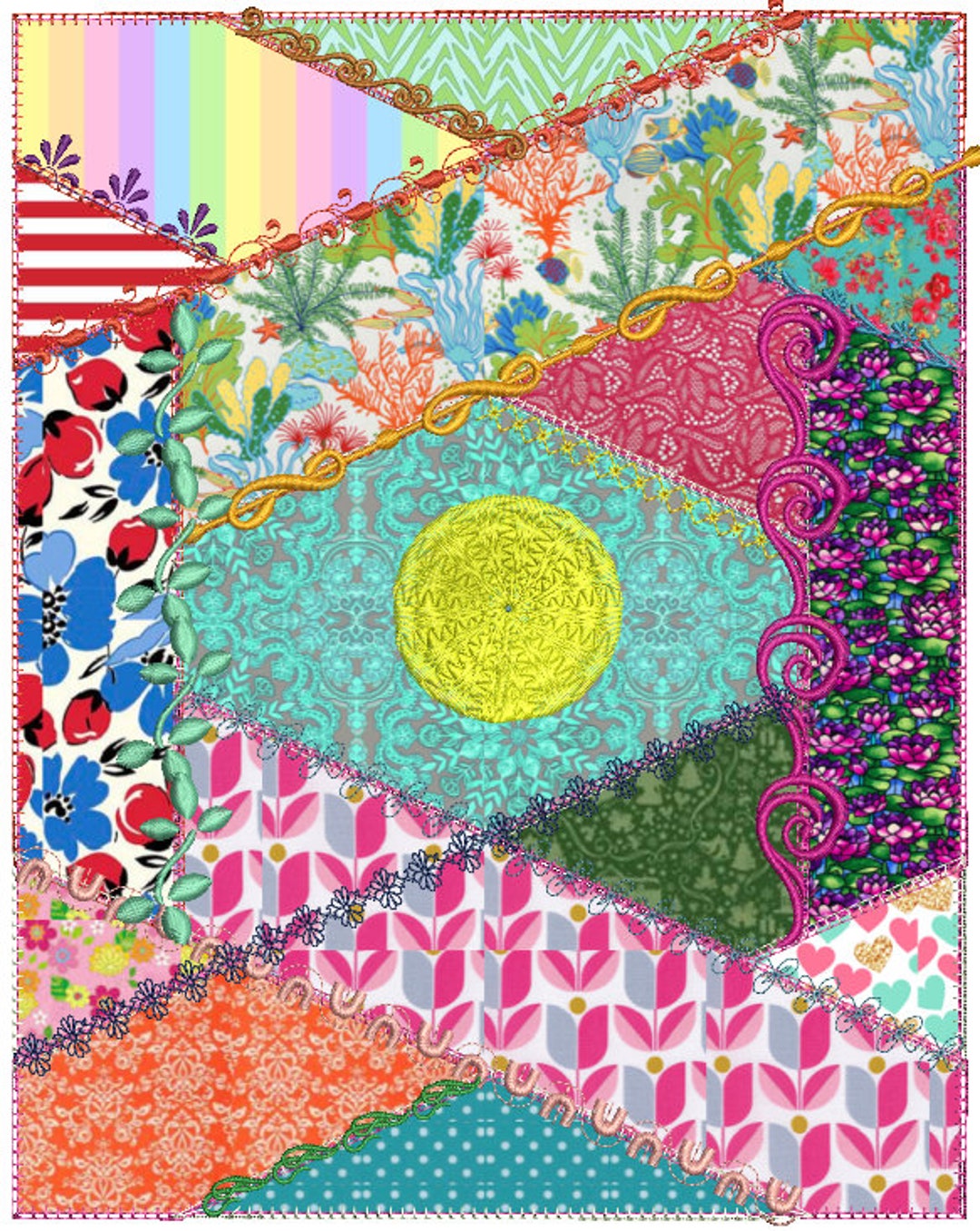 Crazy Quilt Motif Block 00 Machine Embroidery Applique, 3 Sizes, 8 ...