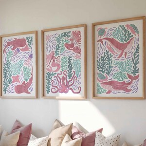 Girls Ocean Nursery Digital Prints Set of 3, Coastal Nursery Art Pink ...