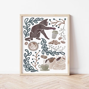 Whimsical Cat Digital Prints, Plants Coffee Books Cat Print Set Cat ...