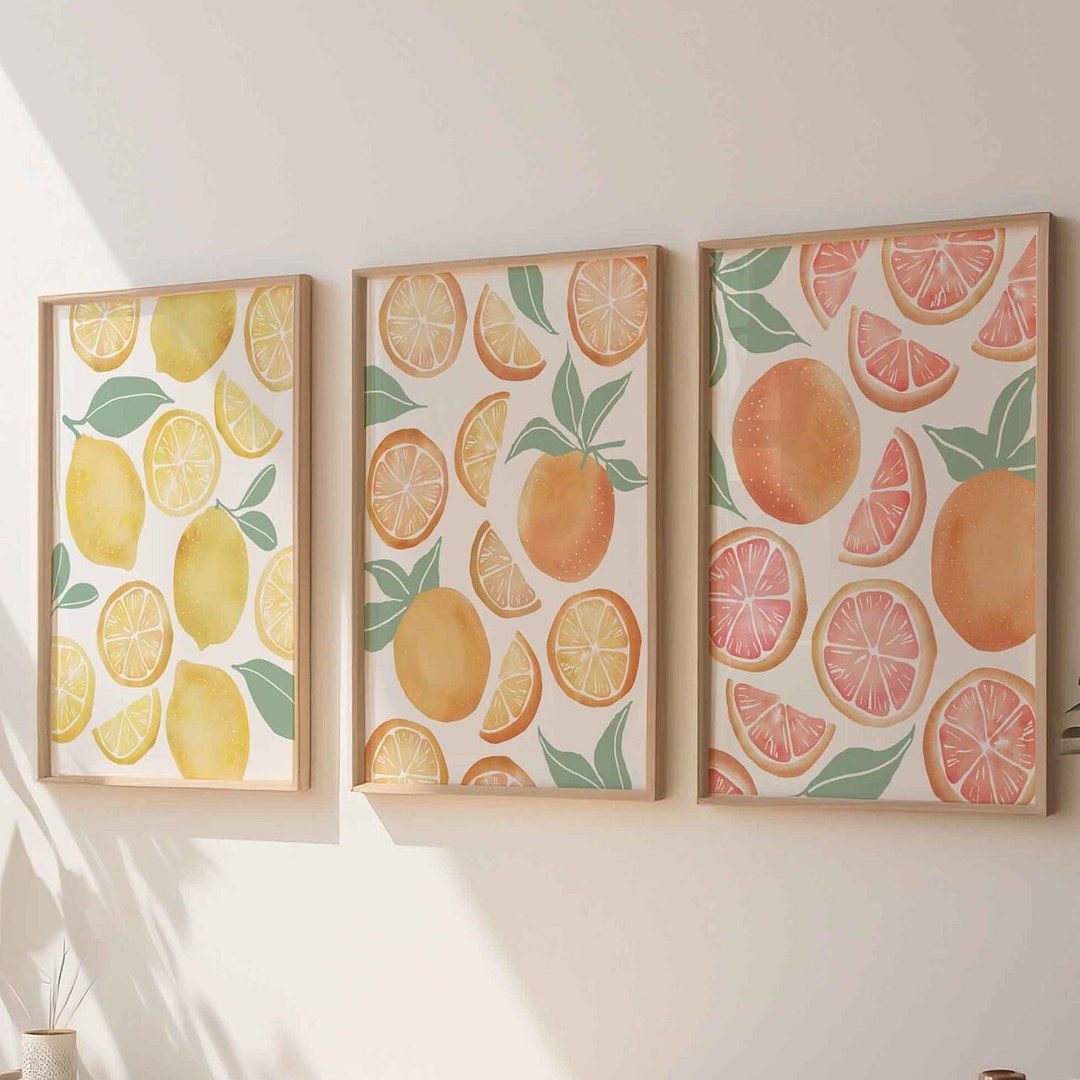 Citrus Fruit Printable Wall Art, Set of 3 Kitchen Printable Fruit Art ...