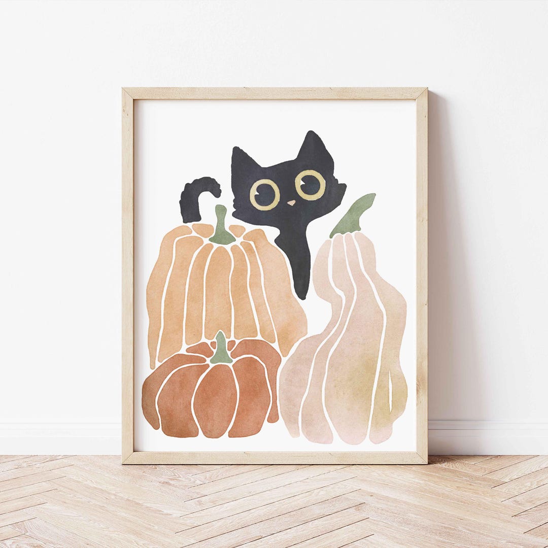 Halloween Cat Printable Art, Cat and Pumpkin Digital Print Halloween ...