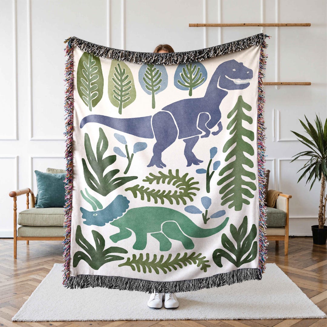Dinosaur Blanket Woven, Whimsical Jurassic Throw Stegosaurus, T-rex ...
