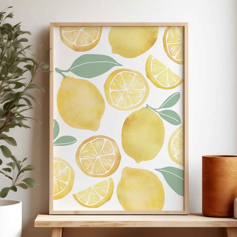 Lemon Printable Art, Watercolor Lemon Downloadable Art for Kitchen ...