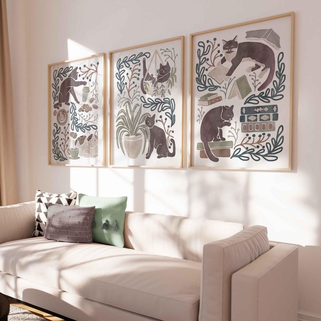 Whimsical Cat Prints, Plants and Cat Print Set Bookish Cat Lover Wall ...