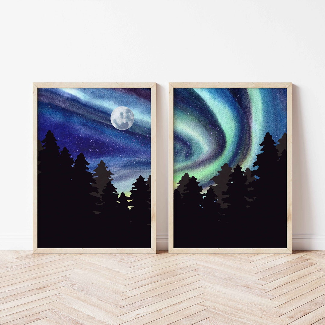 Night Sky Prints, Set of 2 Aurora Borealis Digital Art Dark Forest Wall ...