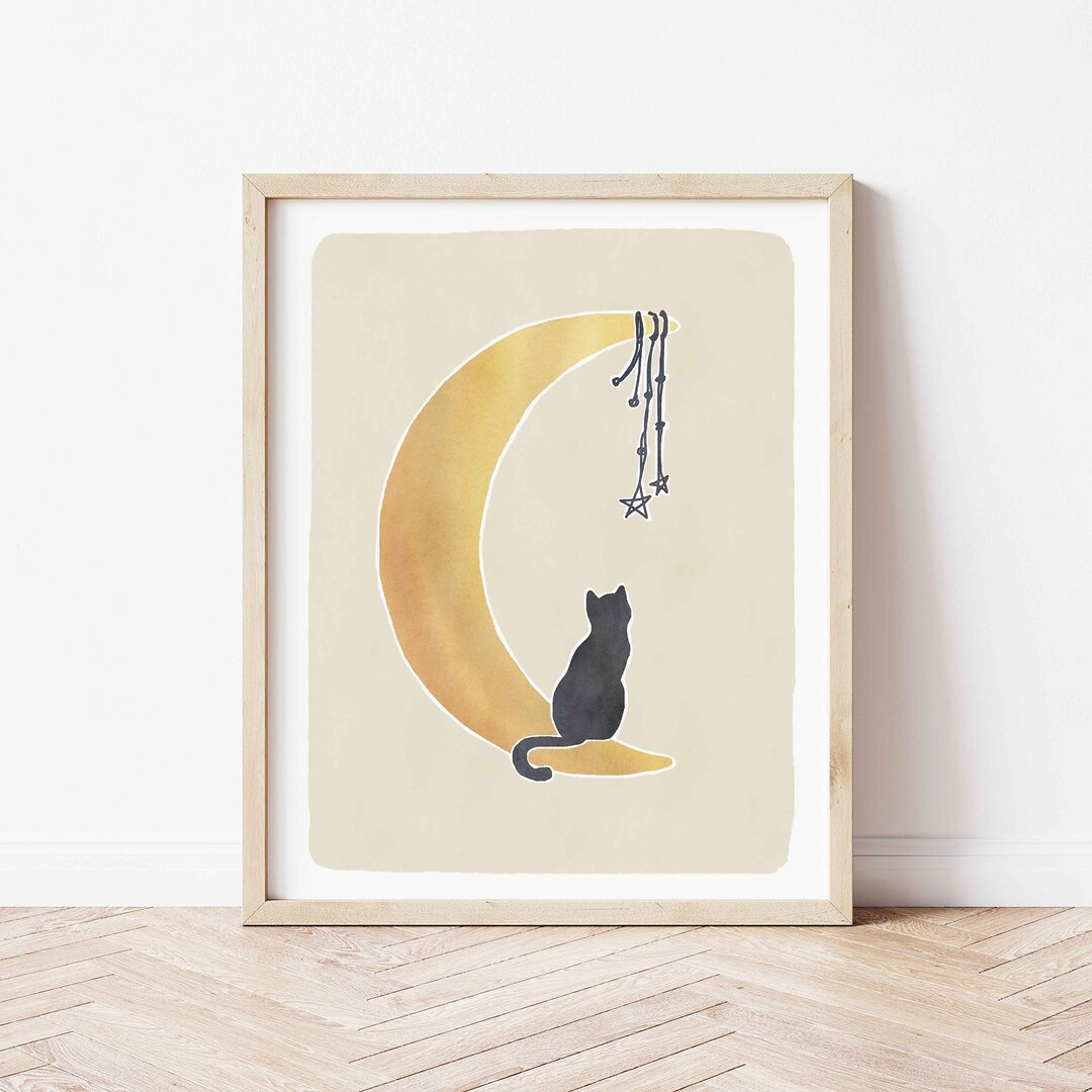 Moon Cat Printable Wall Art, Black Cat Moon Print Sleeping Cat Digital ...
