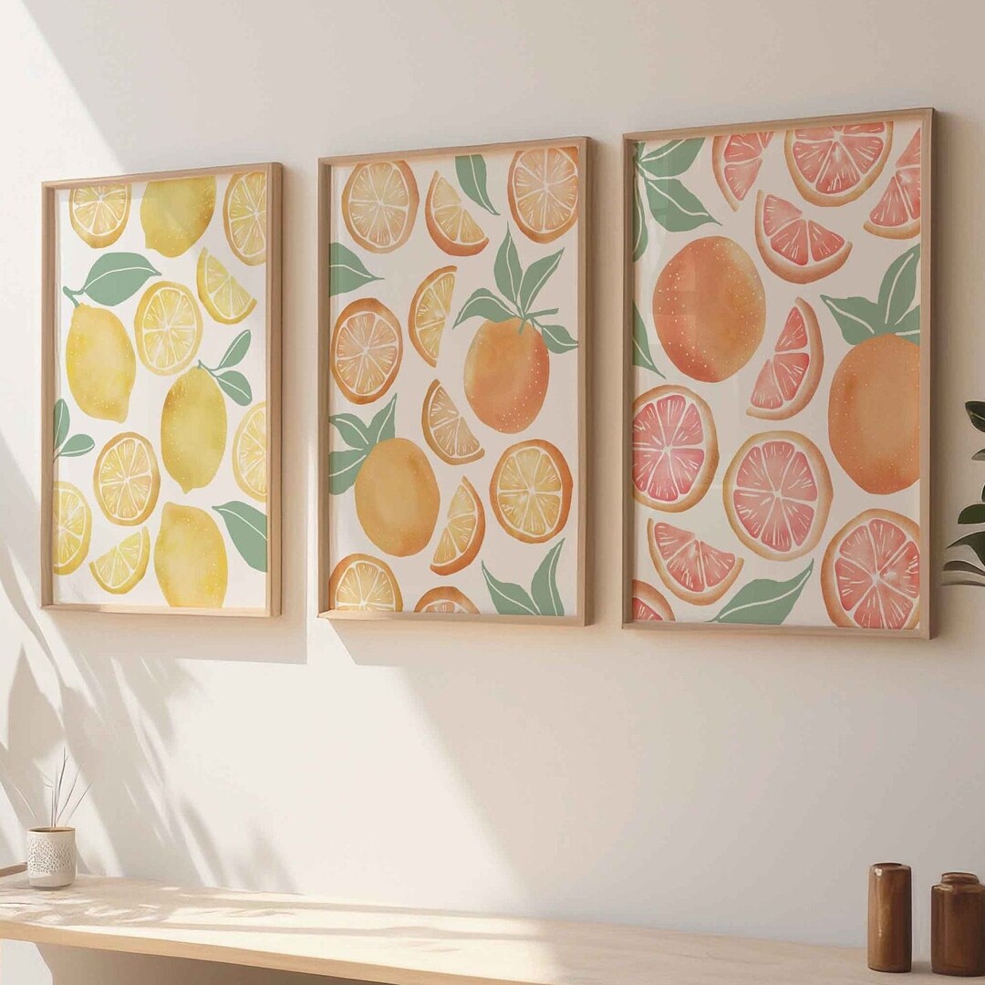 Citrus Fruit Printable Wall Art, Set of 3 Kitchen Printable Fruit Art ...