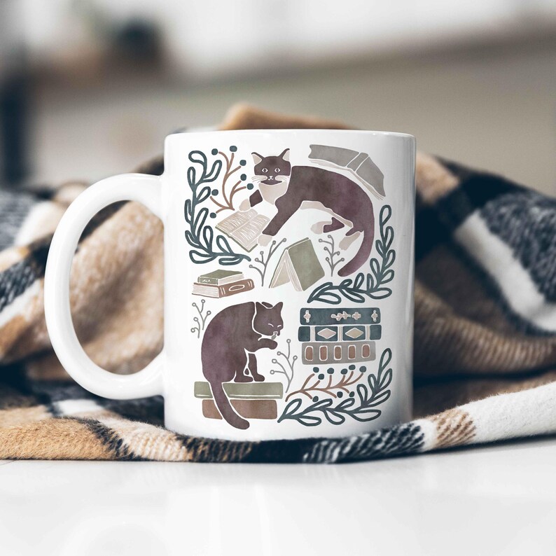 Books and Cats Mug, Watercolor Cat Coffee Mug Bookish Cat Coffee Mug ...
