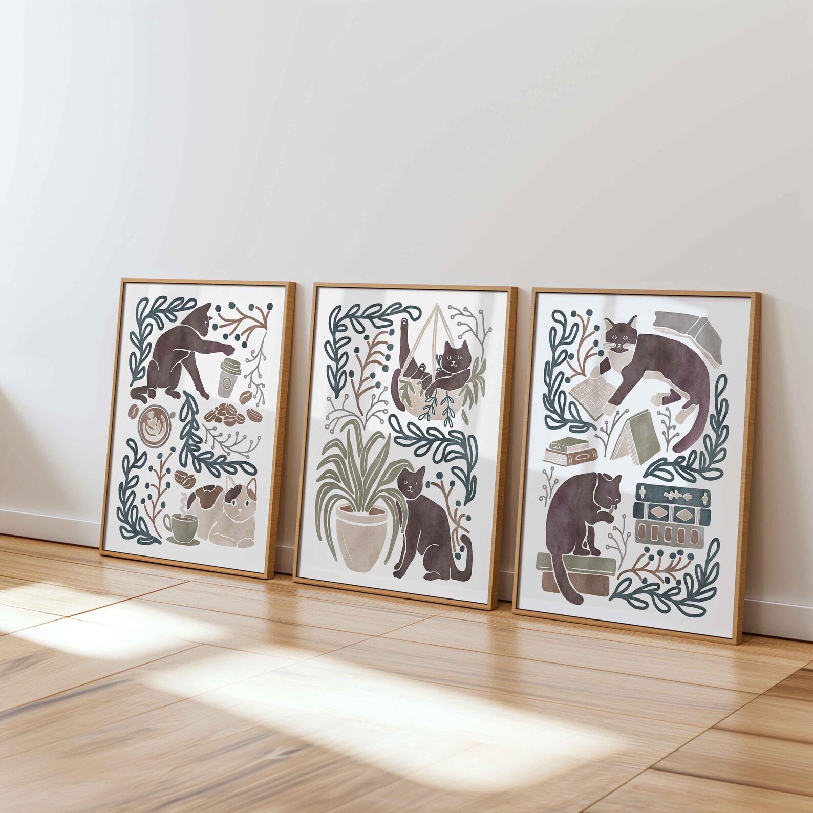 Whimsical Cat Digital Prints, Plants Coffee Books Cat Print Set Cat ...
