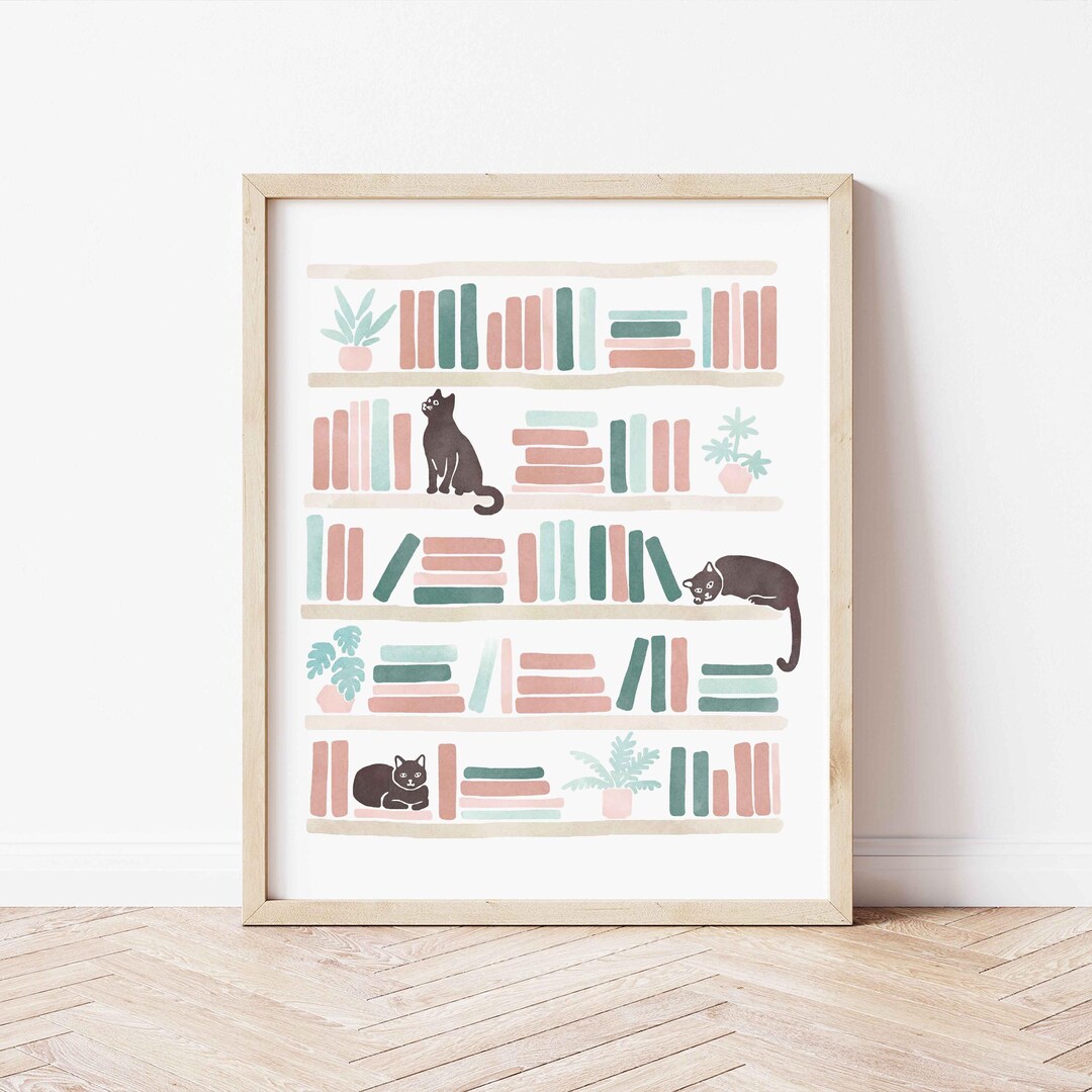 Library Cat Poster Digita, Cats and Books Printable Art Cat Lover Art ...