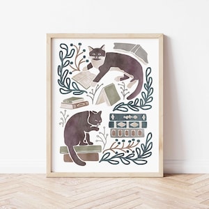 Whimsical Cat Digital Prints, Plants Coffee Books Cat Print Set Cat ...