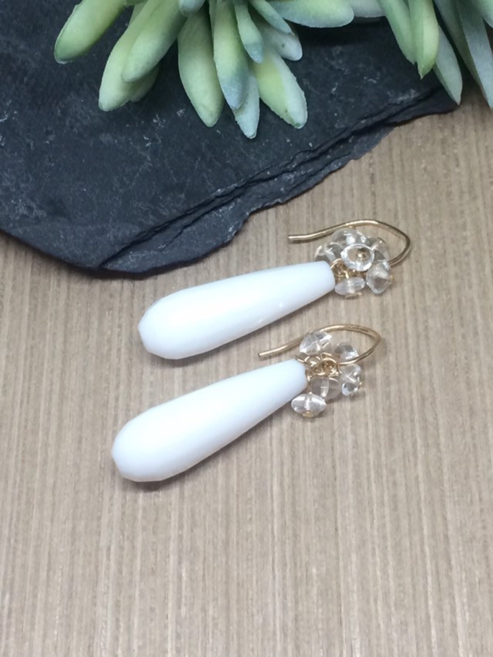 White Ceramic Teardrops with Clear Quartz Long White Dangle | Etsy