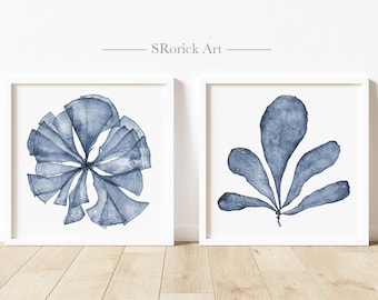 Sea Fan Print Set of 4 Prints Navy Blue Coastal Decor Coral - Etsy