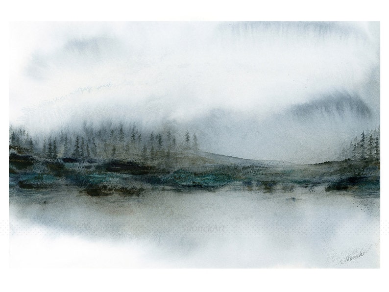 Abstract Print of Watercolor Landscape Abstract Painting, Misty ...