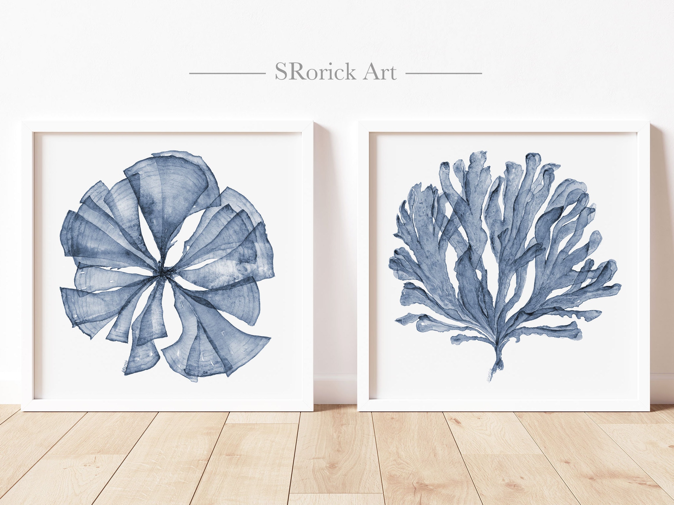 Hamptons Style Print Set of 2 Blue Sea Fans, Square Two Piece Wall Art ...