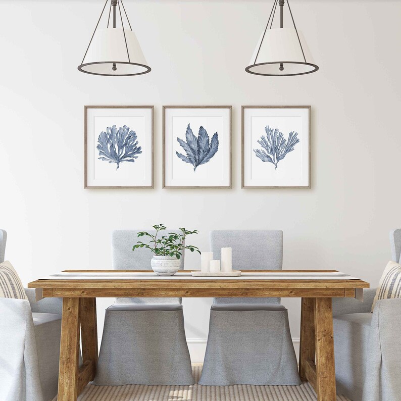 Set of 3 Prints, Hamptons Style Artwork, Navy Blue Coastal Decor ...