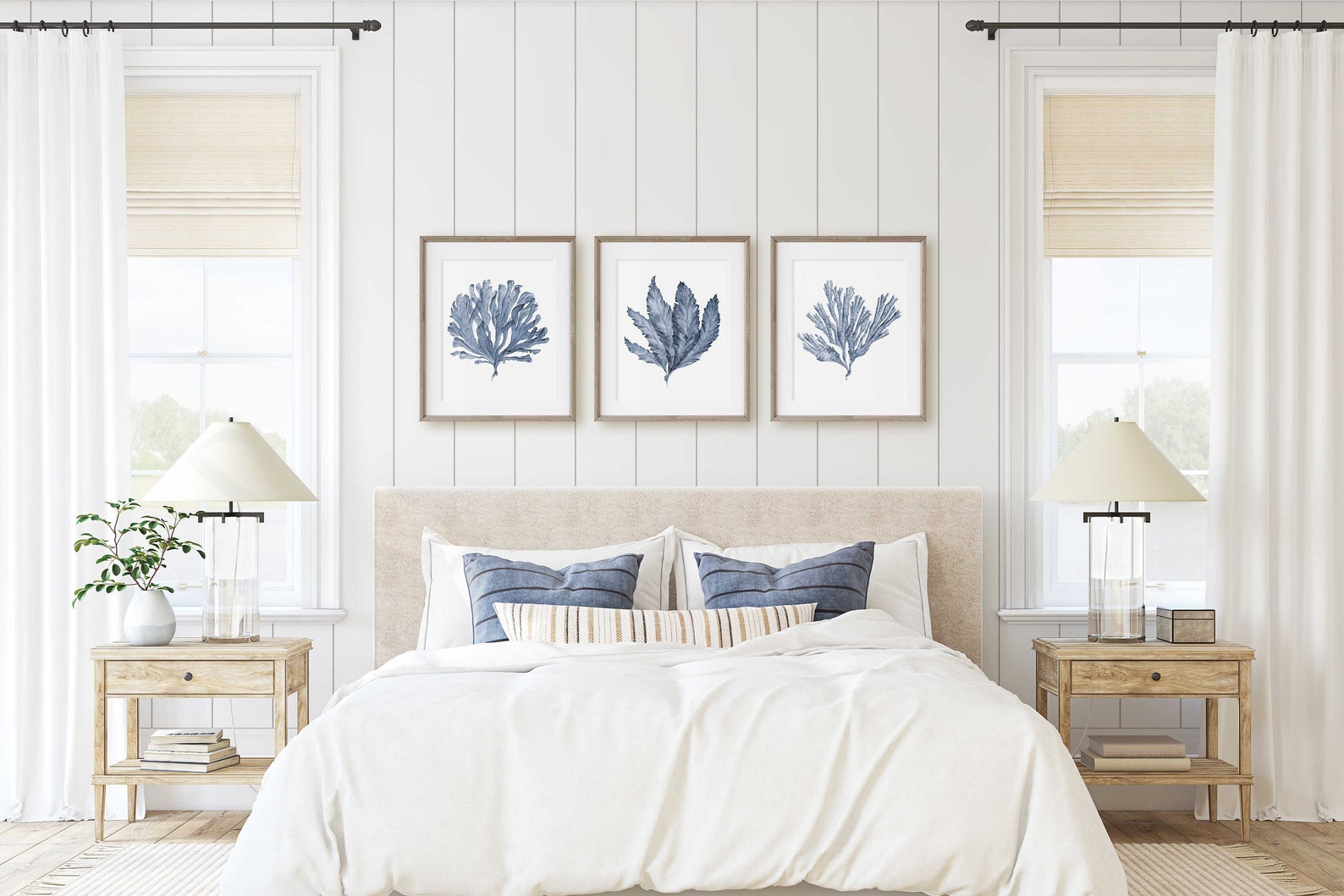 Set of 3 Prints, Hamptons Style Artwork, Navy Blue Coastal Decor ...