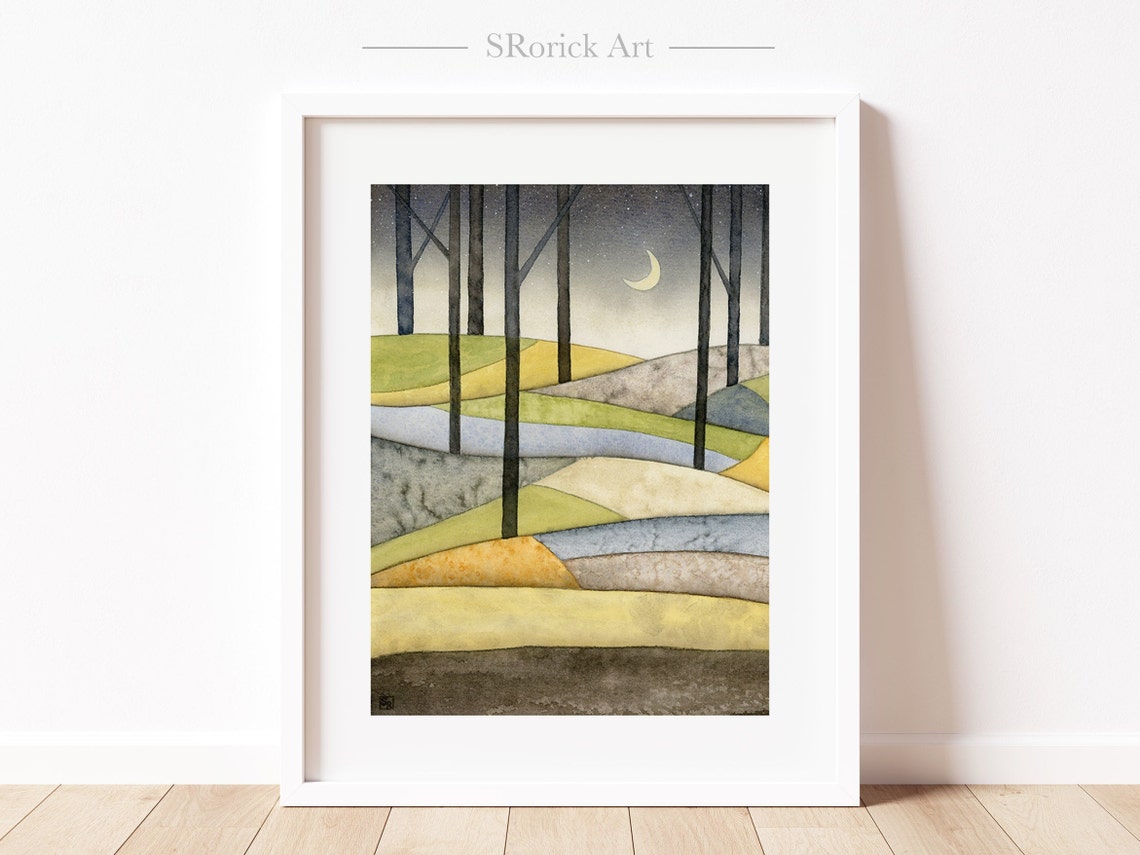 Moonscape Art, Forest Mountain Watercolor Print, Landscape in the Night ...
