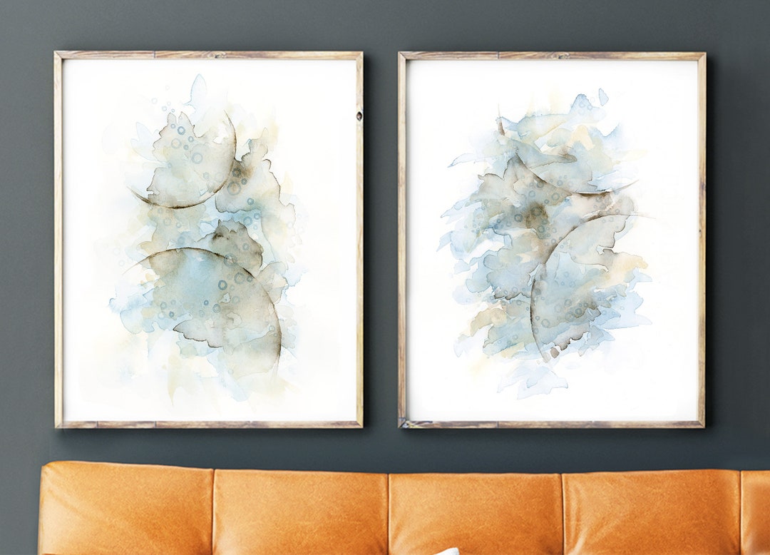 Diptych Abstract Painting Set of 2 Prints, Blue Grey Brown Artwork for ...